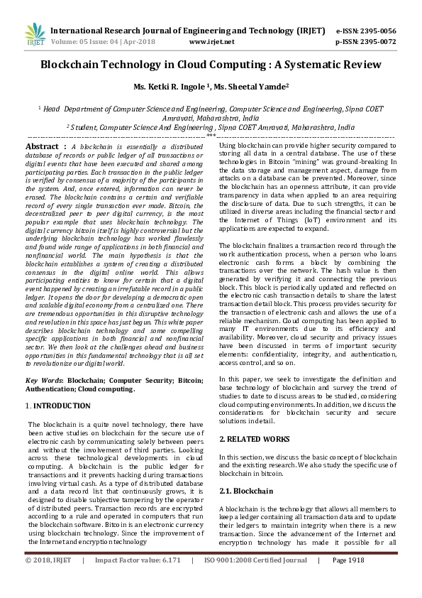 Pdf Blockchain Technology In Cloud Computing A Systematic Review