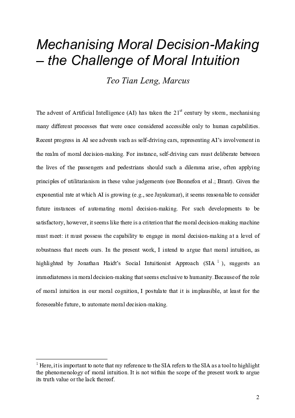 (PDF) Mechanising Moral Cognition: the Challenge of Moral Intuition