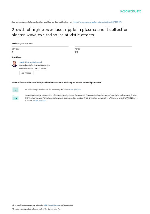(PDF) Growth of high-power laser ripple in plasma and its effect on ...