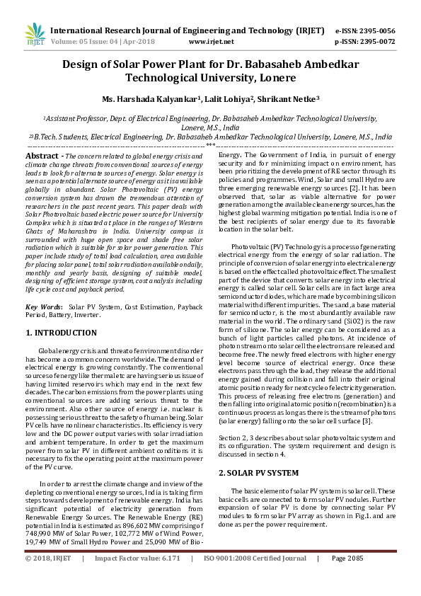 (PDF) Design of Solar Power Plant for Dr. Babasaheb Ambedkar ...