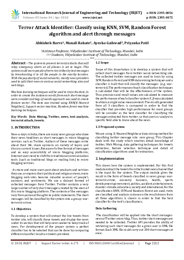 Pdf Terror Attack Identifier Classify Using Knnsvmrandom Forest