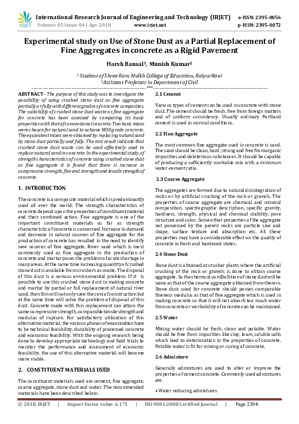(PDF) Experimental study on Use of Stone Dust as a Partial Replacement ...