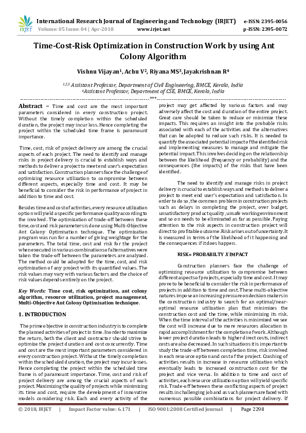 Pdf Time Cost Risk Optimization In Construction Work By Using Ant Colony Algorithm