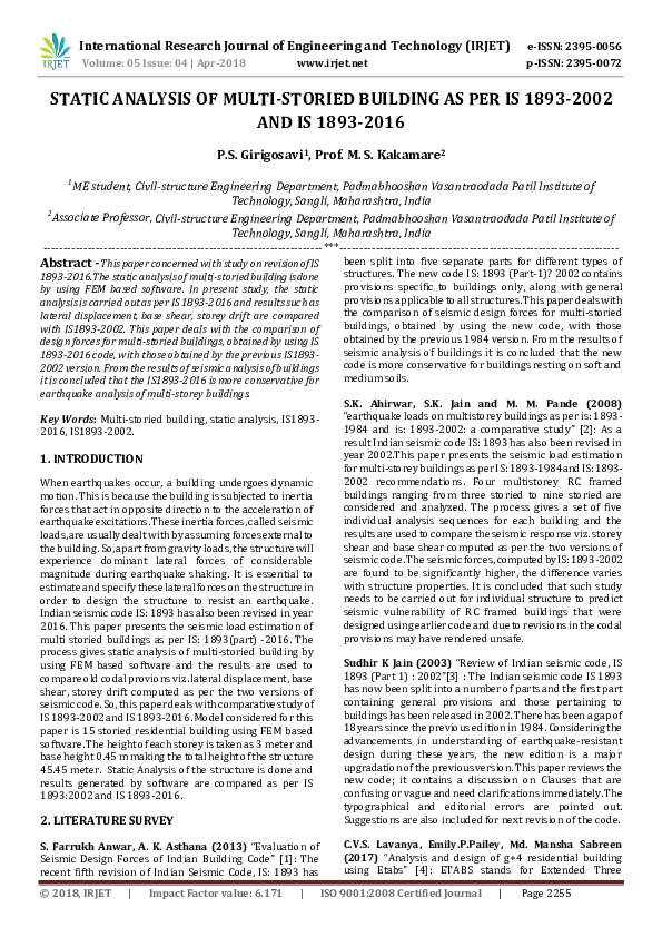 (PDF) STATIC ANALYSIS OF MULTI-STORIED BUILDING AS PER IS 1893-2002 AND IS 1893-2016