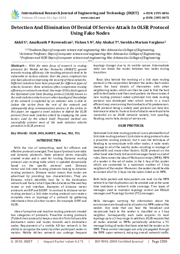 (PDF) Detection And Elimination Of Denial Of Service Attack In OLSR Protocol Using Fake Nodes