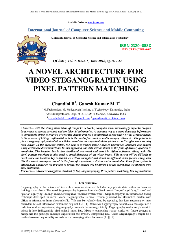 (PDF) A NOVEL ARCHITECTURE FOR VIDEO STEGANOGRAPHY USING PIXEL PATTERN MATCHING