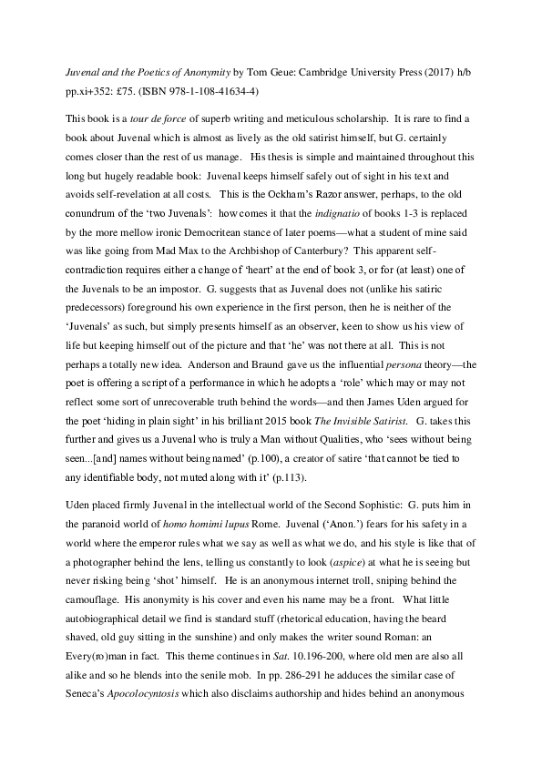 (DOC) Juvenal and the Poetics of Anonymity by Tom Geue.docx