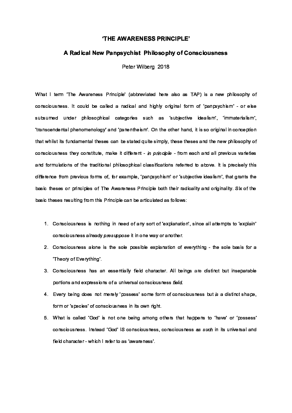 (PDF) 'THE AWARENESS PRINCIPLE' A Radical New Panpsychist Philosophy of ...