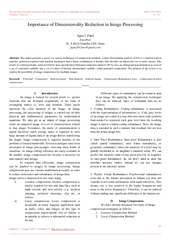(PDF) Importance of Dimensionality Reduction in Image Processing