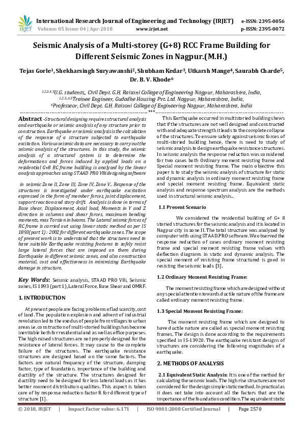 Pdf Seismic Analysis Of A Multi Storey G 8 Rcc Frame Building For Different Seismic Zones In
