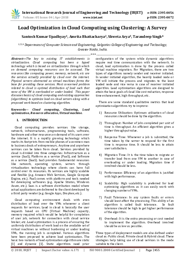 Pdf Load Optimization In Cloud Computing Using Clustering A Survey