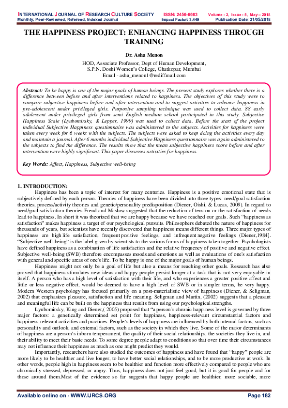 (PDF) THE HAPPINESS PROJECT: ENHANCING HAPPINESS THROUGH TRAINING