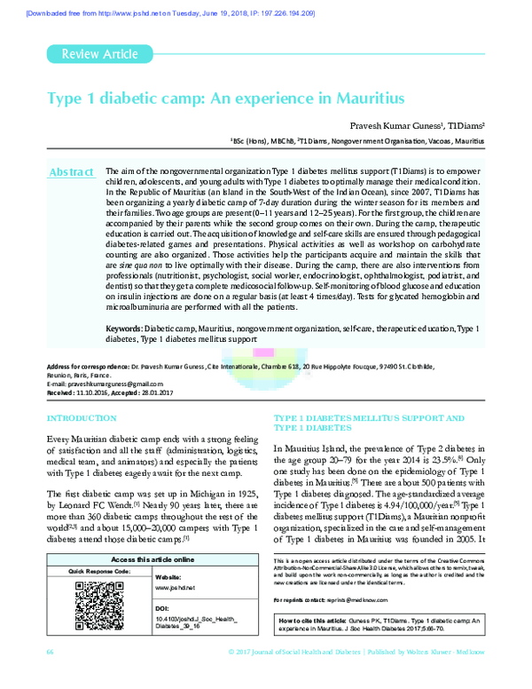 (PDF) Type 1 diabetic camp: An experience in Mauritius