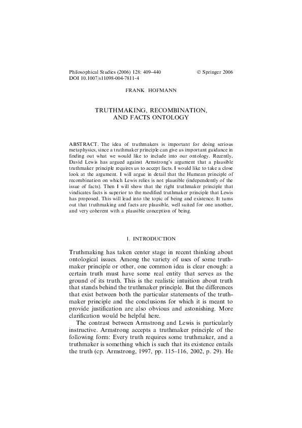 (PDF) Truthmaking, Recombination, and Facts Ontology