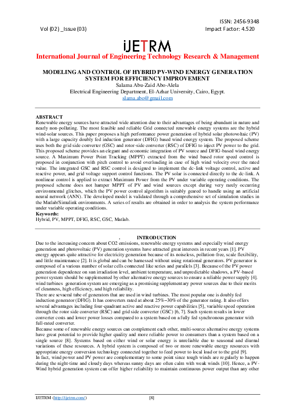 (PDF) MODELING AND CONTROL OF HYBRID PV-WIND ENERGY GENERATION SYSTEM ...
