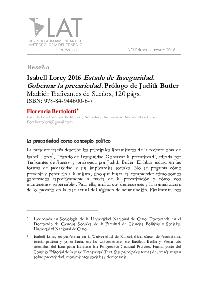 (PDF) Reseña Crítica. Isabell Lorey, 2016, Estado de Inseguridad ...