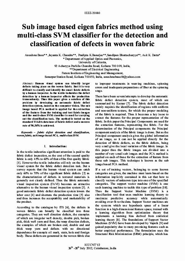 Pdf Sub Image Based Eigen Fabrics Method Using Multi Class Svm Classifier For The Detection