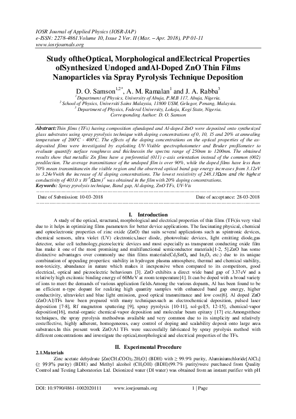 (PDF) Optical and electrical properties of ZnO:Al thin films synthesized by low cost spray ...