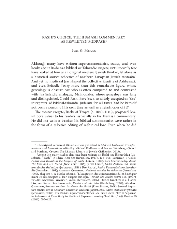 (PDF) Ivan G. Marcus, “Rashi’s Choice: The Humash Commentary as ...