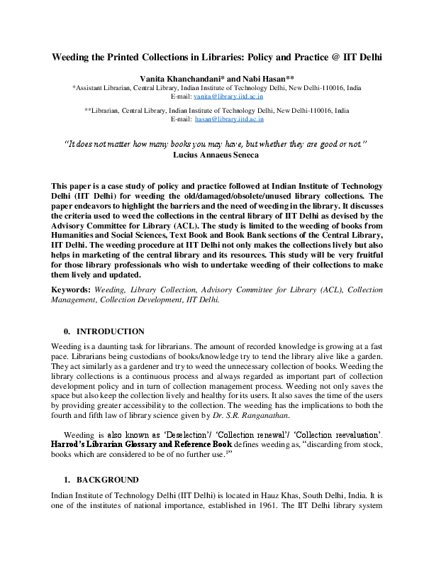 (PDF) Weeding the Printed Collections in Libraries: Policy and Practice ...