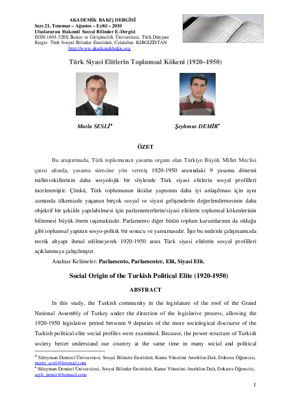 (PDF) Türk Siyasi Elitlerin Toplumsal Kökeni (1920–1950