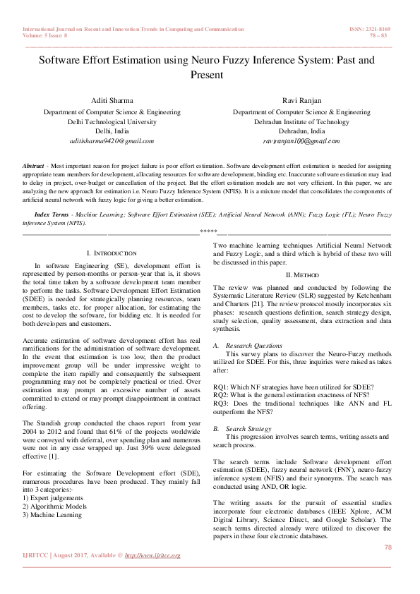 Pdf Software Effort Estimation Using Neuro Fuzzy Inference System Past And Present