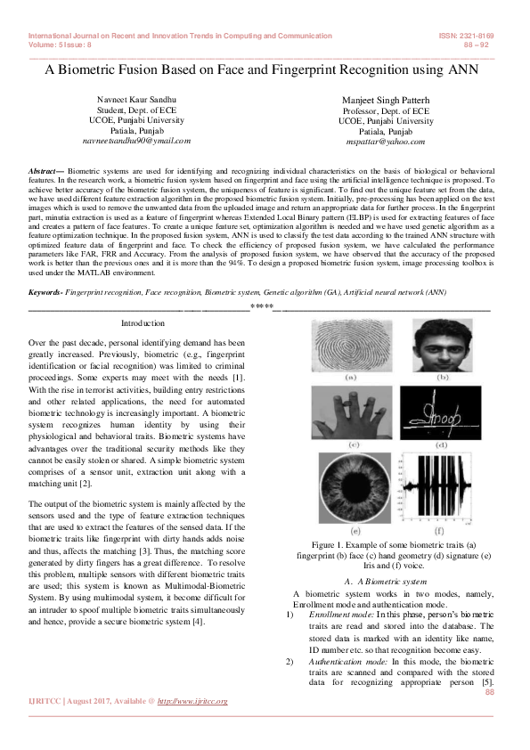 (PDF) A Biometric Fusion Based on Face and Fingerprint Recognition using ANN