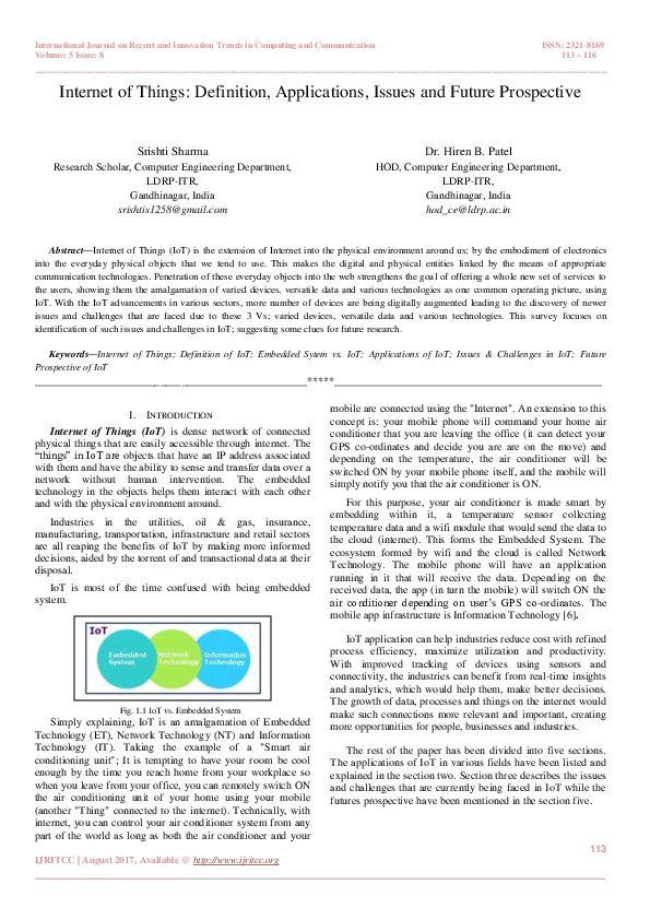 (PDF) Internet of Things: Definition, Applications, Issues and Future ...