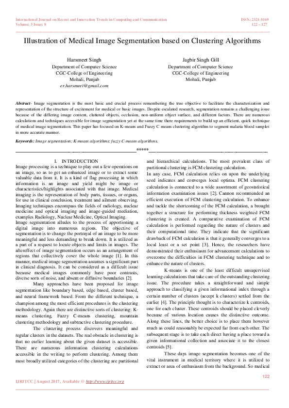 Pdf Illustration Of Medical Image Segmentation Based On Clustering Algorithms