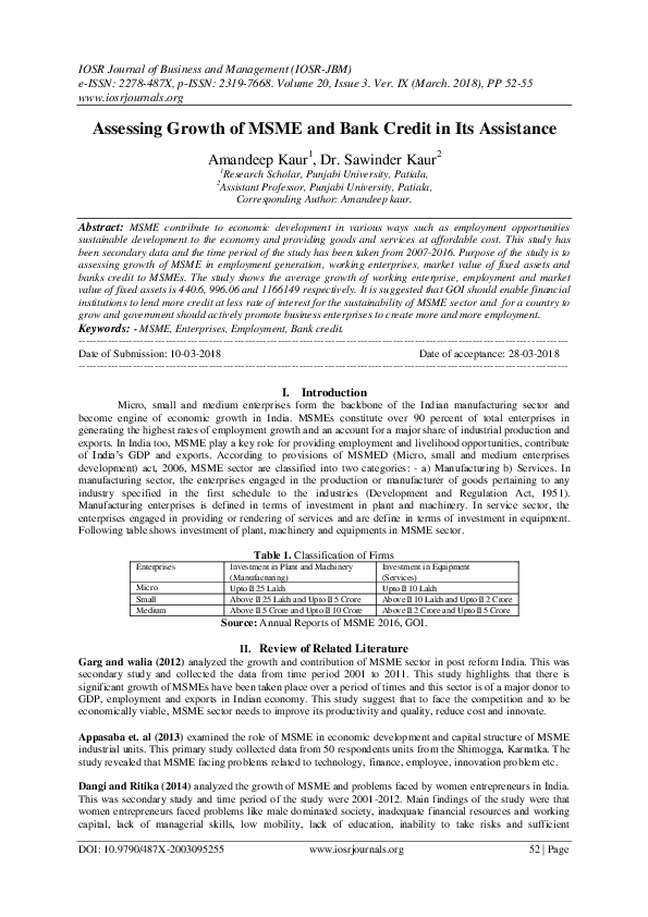 (PDF) Assessing Growth of MSME and Bank Credit in Its Assistance