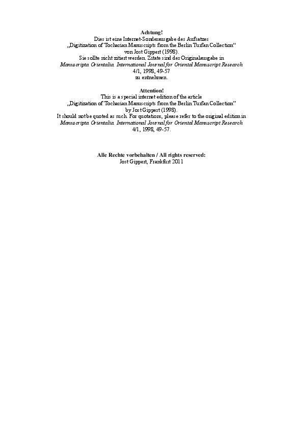 (PDF) Digitization of Tocharian Manuscripts from the Berlin Turfan ...