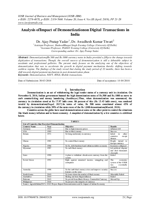 (PDF) Analysis ofImpact of Demonetizationon Digital Transactions in India