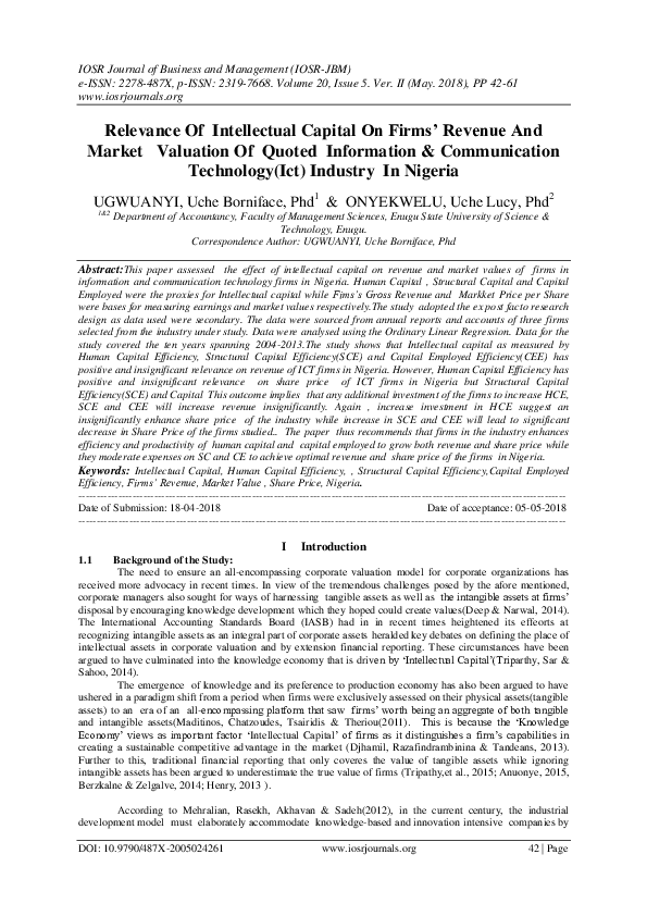 (PDF) Relevance Of Intellectual Capital On Firms' Revenue And Market Valuation Of Quoted ...