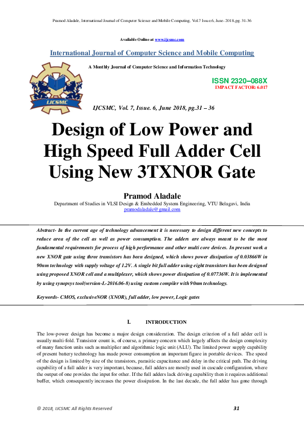(PDF) Design of Low Power and High Speed Full Adder Cell Using New 3TXNOR Gate﻿