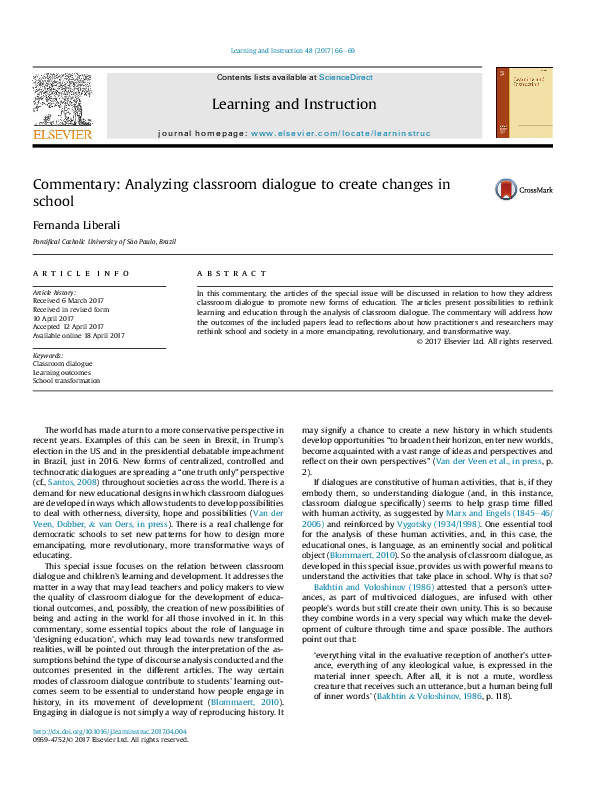 (PDF) Commentary: Analyzing classroom dialogue to create changes in school