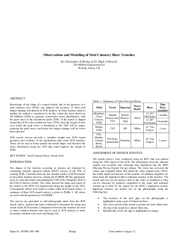 (PDF) Observations and modeling of steel catenary riser trenches