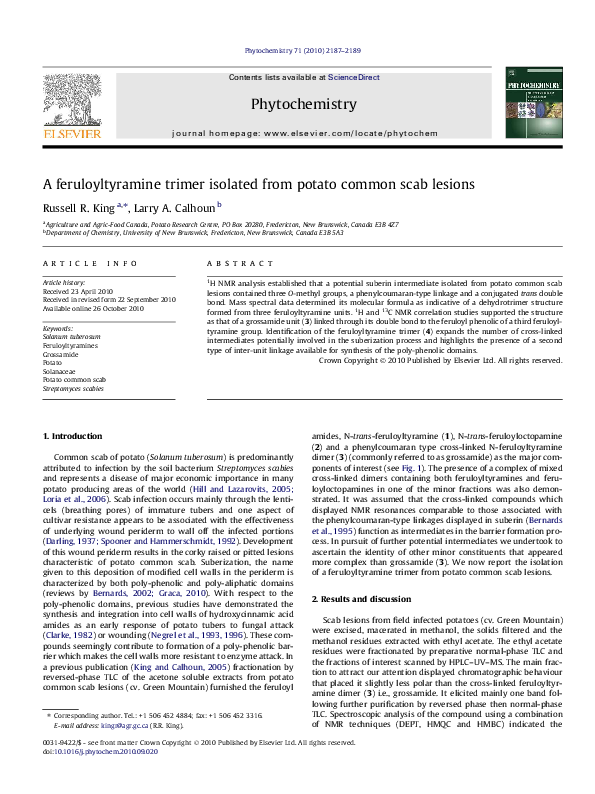 (PDF) A feruloyltyramine trimer isolated from potato common scab lesions