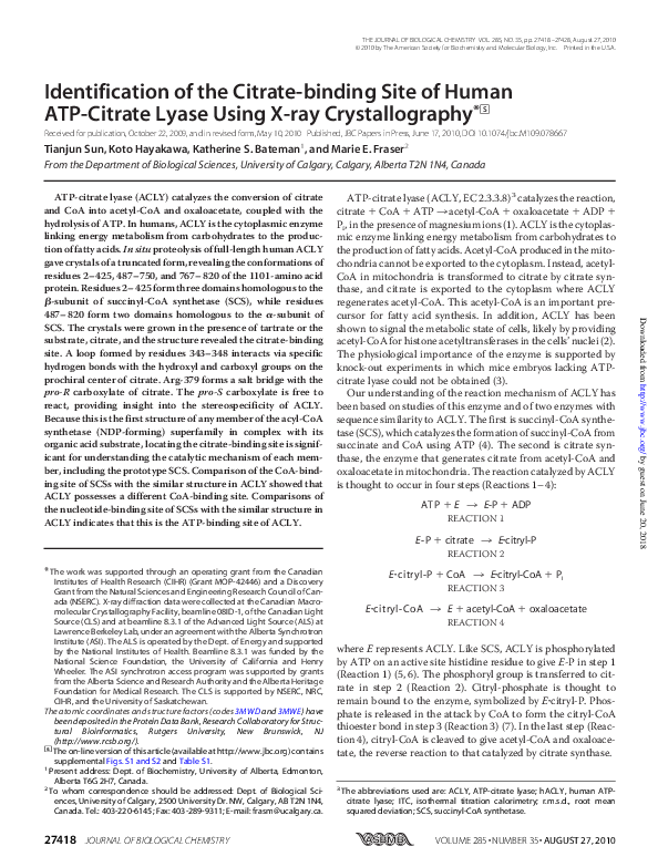 (PDF) Identification of the Citrate-binding Site of Human ATP-Citrate ...