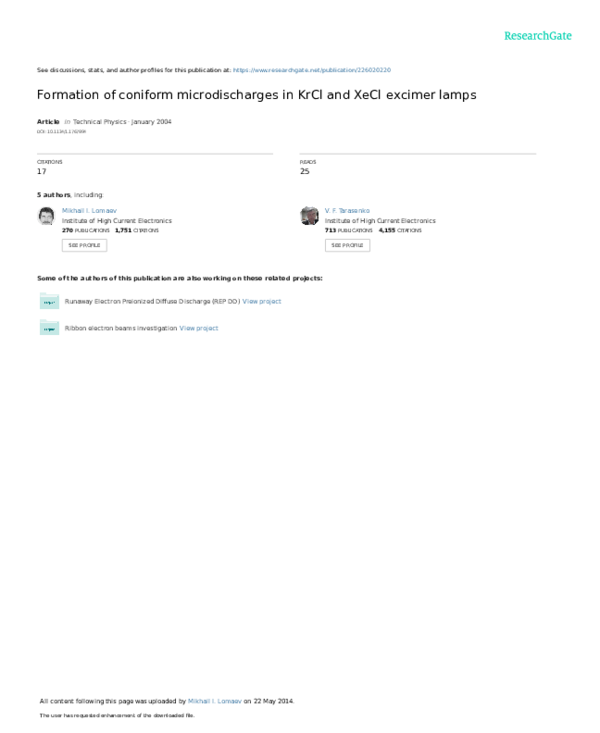 (PDF) Formation of coniform microdischarges in KrCl and XeCl excimer ...