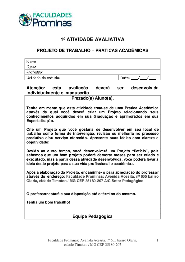 (PDF) º ATIVIDADE AVALIATIVA PROJETO DE TRABALHO – PRÁTICAS ACADÊMICAS
