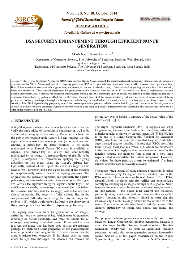 Pdf Dsa Security Enhancement Through Efficient Nonce Generation