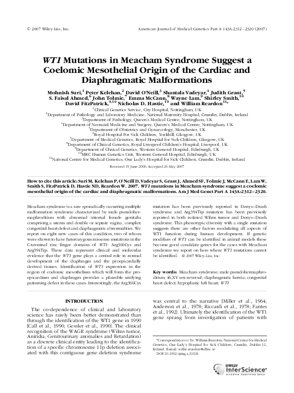 (PDF) WT1 mutations in Meacham syndrome suggest a coelomic mesothelial ...