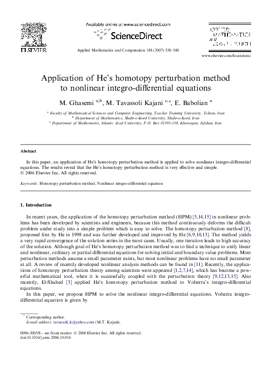 Pdf Application Of Hes Homotopy Perturbation Method To Nonlinear Integro Differential