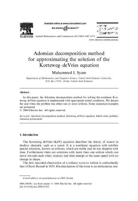 (PDF) Adomian decomposition method for approximating the solution of ...