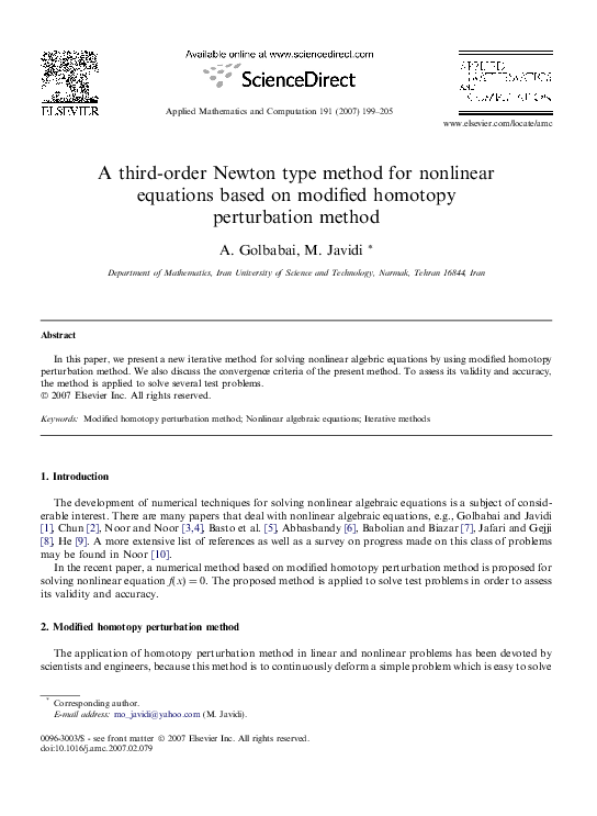 Pdf A Third Order Newton Type Method For Nonlinear Equations Based On Modified Homotopy