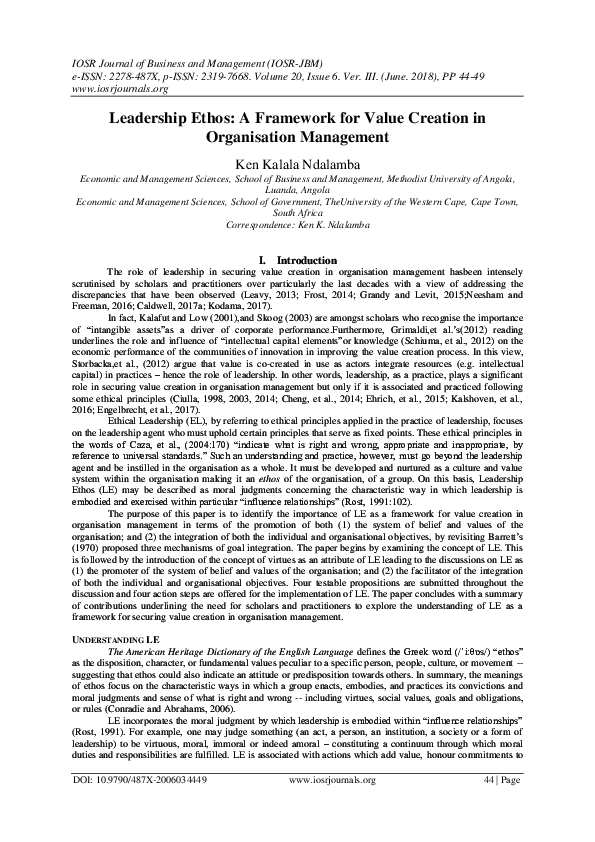 (PDF) Leadership Ethos: A Framework for Value Creation in Organisation ...