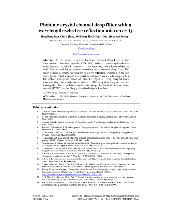 (PDF) Photonic crystal channel drop filter with a wavelength-selective reflection micro-cavity ...