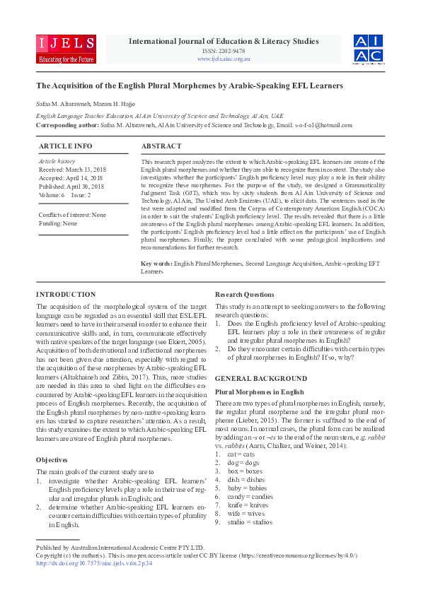 (PDF) The Acquisition of the English Plural Morphemes by Arabic ...