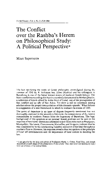 (PDF) Marc Saperstein, “The Conflict over the Rashba’s Herem on ...