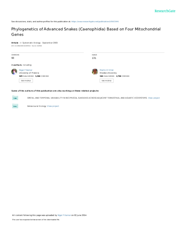 (PDF) Phylogenetics of Advanced Snakes (Caenophidia) Based on Four ...